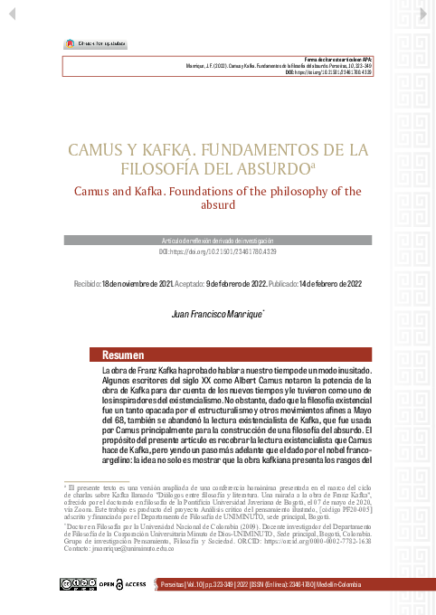 (PDF) Camus y Kafka. Fundamentos de la filosofía del absurdo