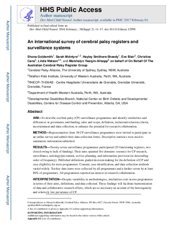 (PDF) An international survey of cerebral palsy registers and ...
