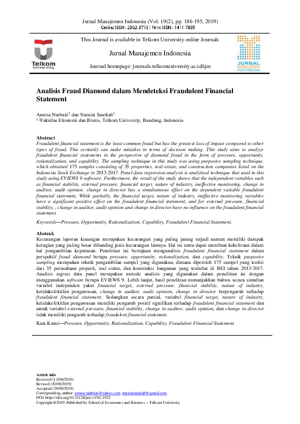(PDF) Fraud Diamond Analysis in Detecting Fraudulent Financial Statement