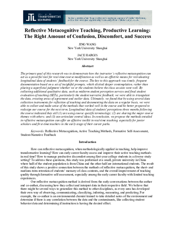 Pdf Reflective Metacognitive Teaching Productive Learning The Right Amount Of Confusion