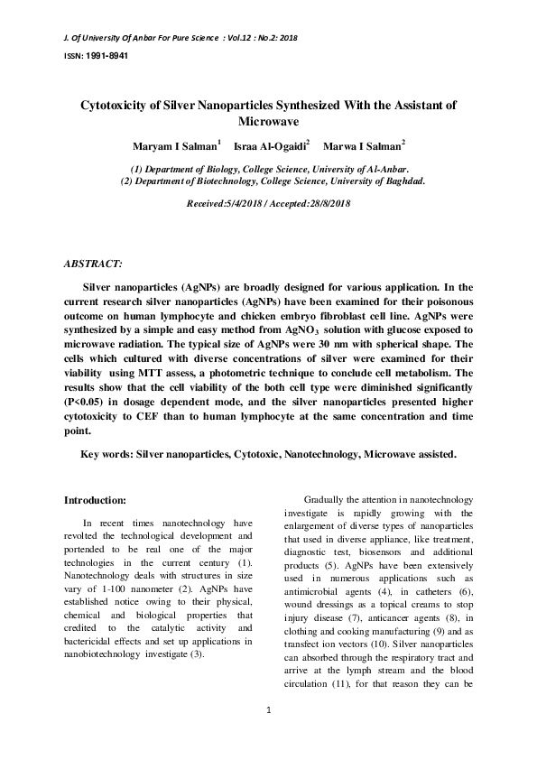 (PDF) Cytotoxicity of Silver Nanoparticles Synthesized With the Assistant of Microwave | Maryam ...