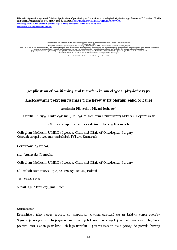 (PDF) Application of positioning and transfers in oncological physiotherapy