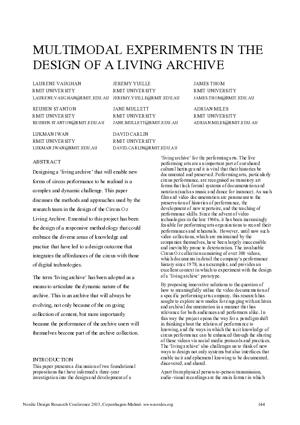 (PDF) Multimodal experiments in the design of a living archive