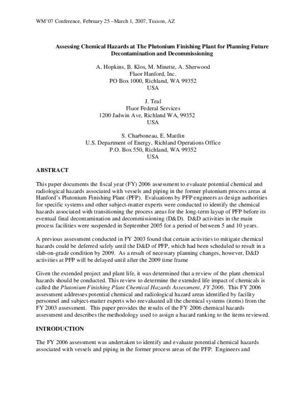 (PDF) Assessing Chemical Hazards at The Plutonium Finishing Plant for ...