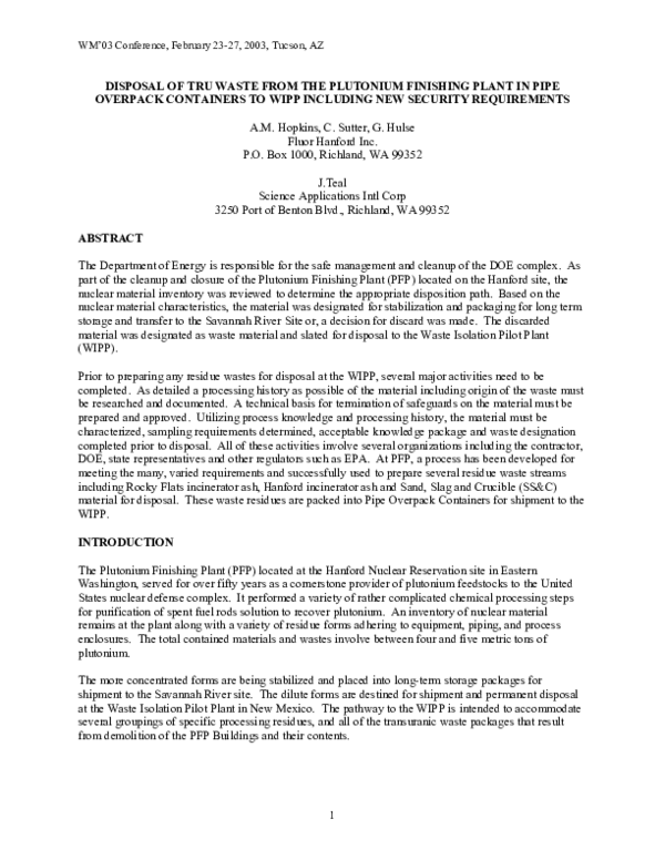 (PDF) Disposal of Tru Waste from the Plutonium Finishing Plant in Pipe ...
