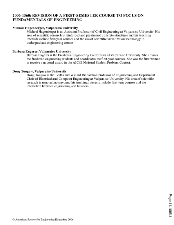(PDF) Revision Of A First Semester Course To Focus On Fundamentals Of Engineering