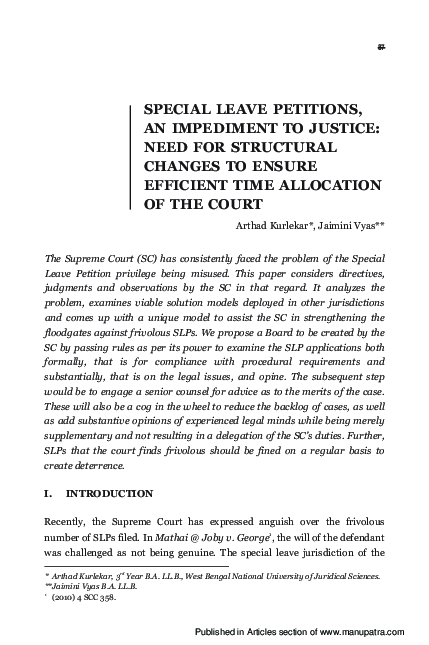 (PDF) Special Leave Petitions, an Impediment to Justice: Need for Structural Changes to Ensure ...