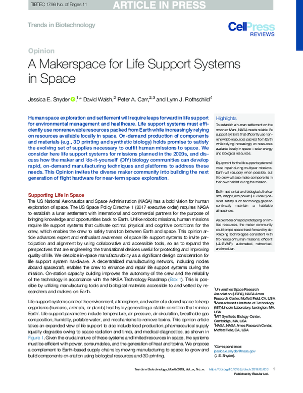 (PDF) A Makerspace for Life Support Systems in Space