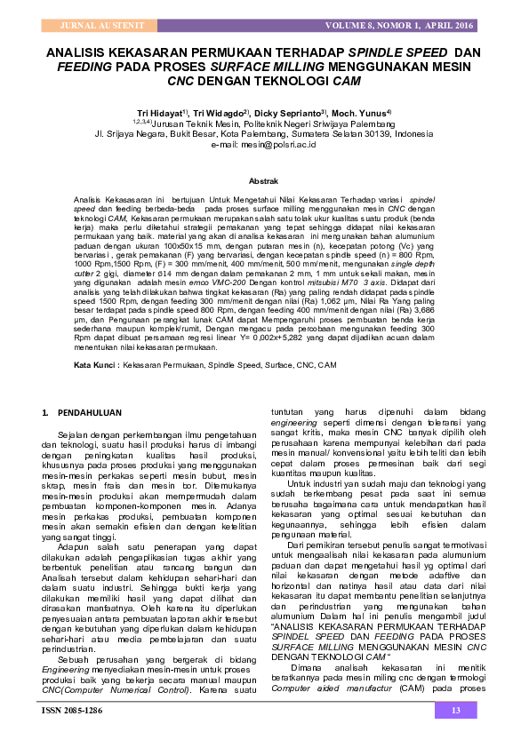 (PDF) Analisis Kekasaran Permukaan Terhadap Spindle Speed Dan Feeding Pada Proses Surface ...
