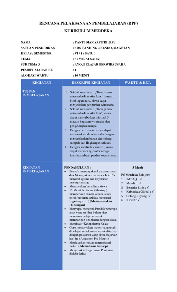 (PDF) RENCANA PELAKSANAAN PEMBELAJARAN (RPP) KURIKULUM MERDEKA NAMA ...