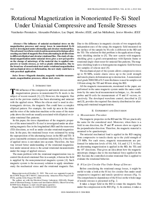 (PDF) Rotational Magnetization in Nonoriented Fe-Si Steel Under Uniaxial Compressive and Tensile ...
