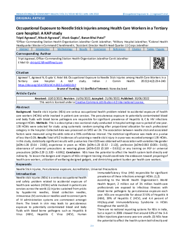 (PDF) Occupational Exposure to Needle Stick Injuries among Health Care ...