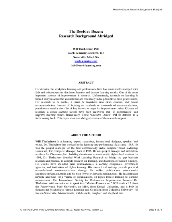 (PDF) The Decisive Dozen: Research Background Abridged
