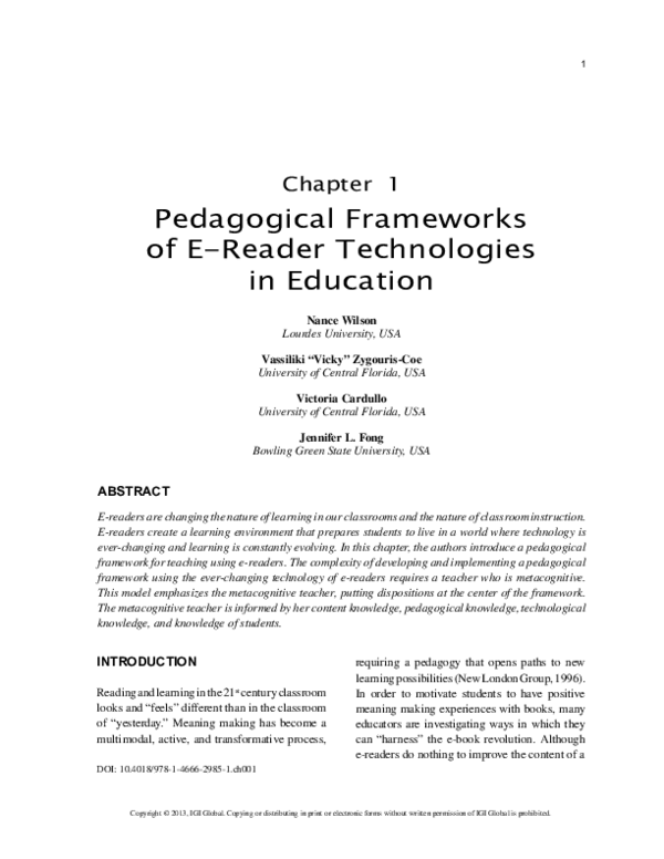 (PDF) Pedagogical Frameworks of E-Reader Technologies in Education