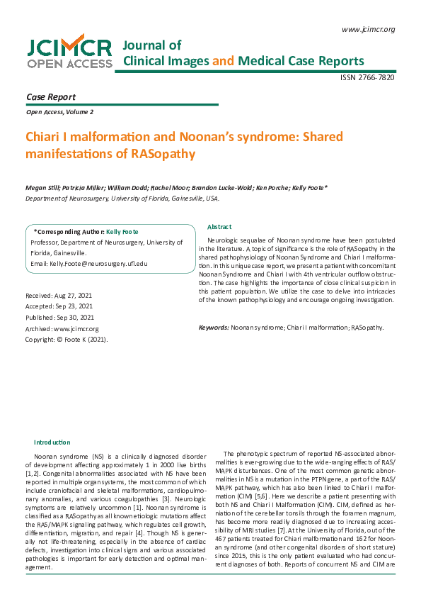 (PDF) Chiari I malformation and Noonan's syndrome: Shared ...