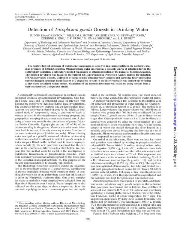 Pdf Detection Of Toxoplasma Gondii Oocysts In Drinking Water