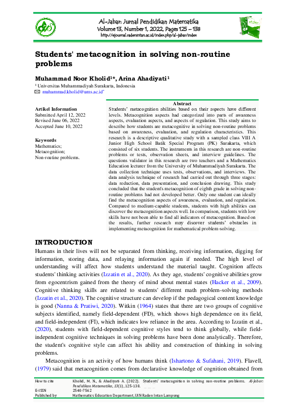 (PDF) Students' metacognition in solving non-routine problems