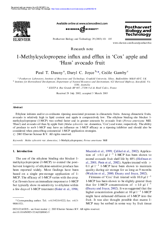 (PDF) 1-Methylcyclopropene influx and efflux in ‘Cox’ apple and ‘Hass’ avocado fruit