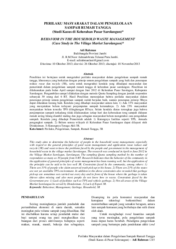 (PDF) Perilaku Masyarakat dalam Pengelolaan Sampah Rumah Tangga (Studi Kasus di Kelurahan Pasar ...