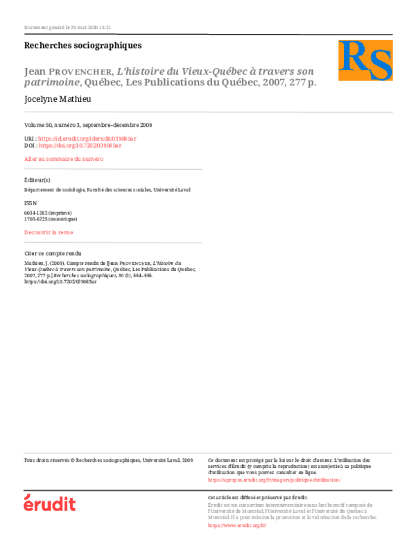 (PDF) Jean Provencher, L’histoire du Vieux-Québec à travers son ...