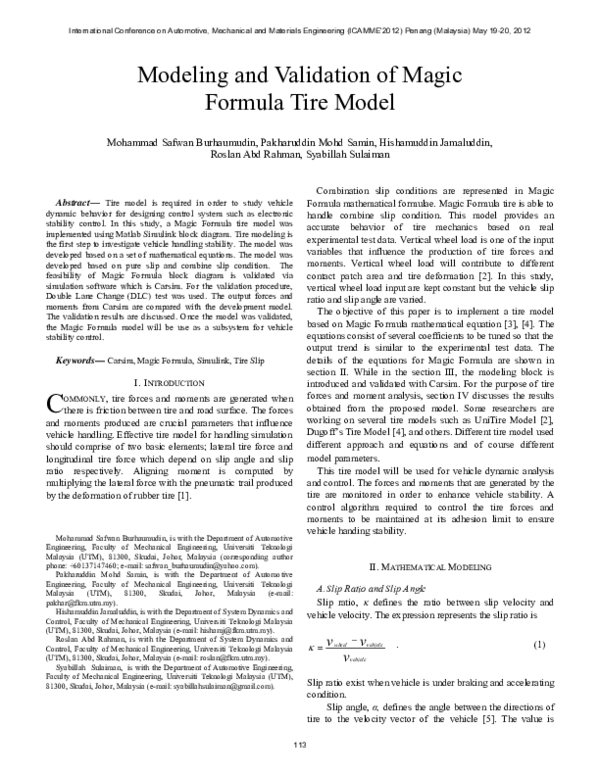 (PDF) Modeling and Validation of Magic Formula Tire Model