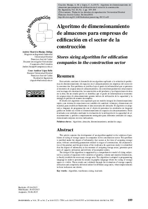 (PDF) Algoritmo de Dimensionamiento de Almacenes para Obras de Edificación del Sector de la ...