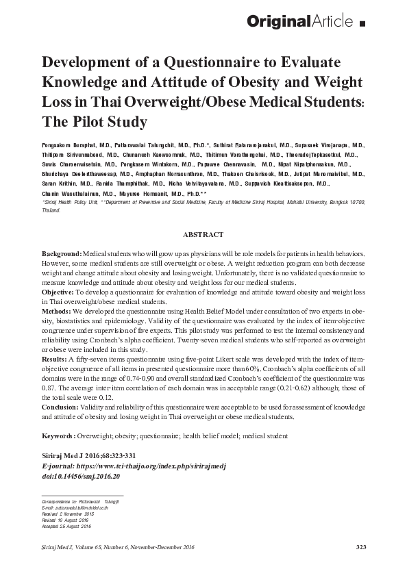 (PDF) Development of a Questionnaire to Evaluate Knowledge and Attitude of Obesity and Weight ...