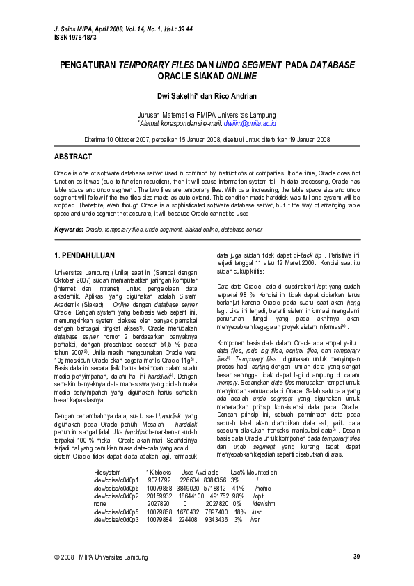 (PDF) Pengaturan Temporary Files Dan Undo Segment Pada Database Oracle Siakad Online