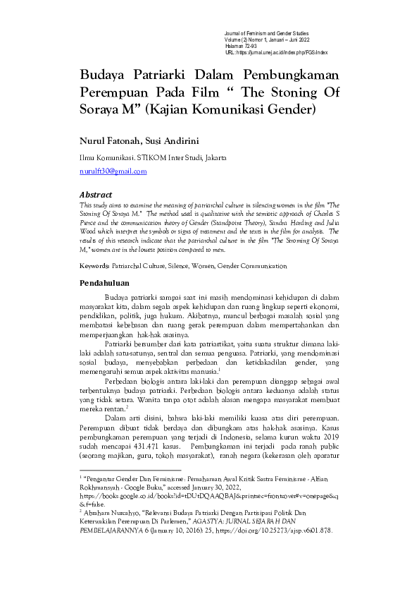 (PDF) Budaya Patriarki Dalam Pembungkaman Perempuan Pada Film “ The Stoning Of Soraya M” (Kajian ...