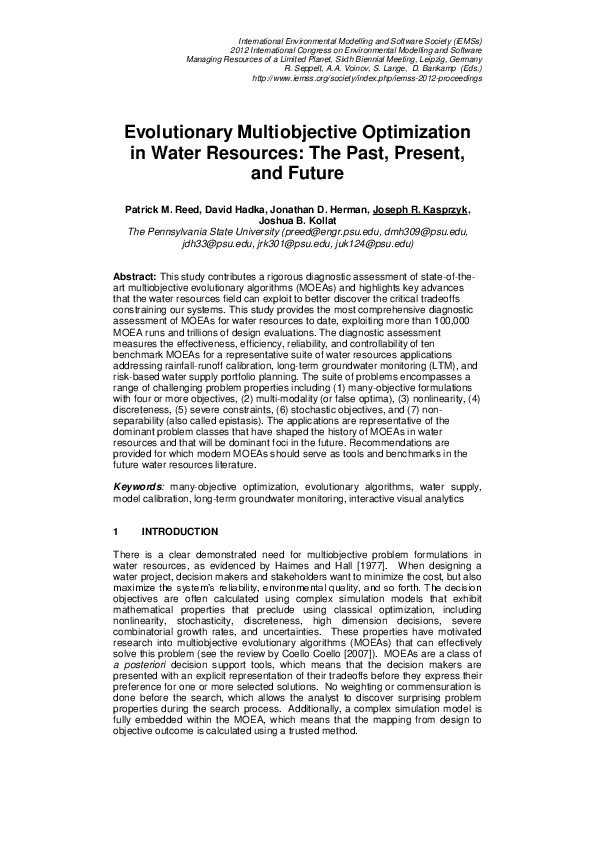 Pdf Evolutionary Multiobjective Optimization In Water Resources The