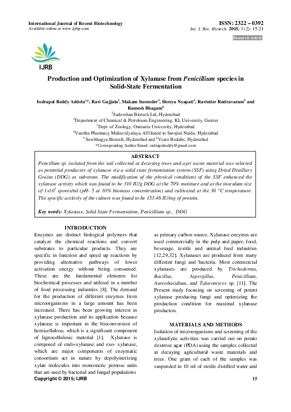 (PDF) Production and Optimization of Xylanase from Penicillium species in Solid-State Fermentation