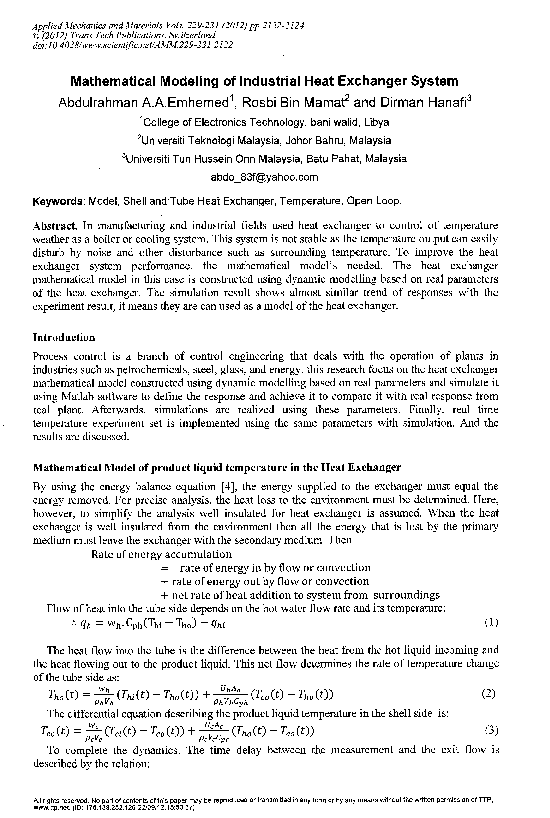 (PDF) Mathematical Modeling of Industrial Heat Exchanger System (PDF) Mathematical Modeling of Industrial Heat Exchanger System