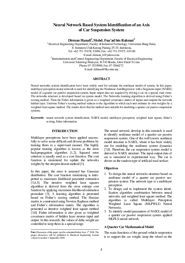 Pdf Neural Network Based System Identification Of An Axis Of Car