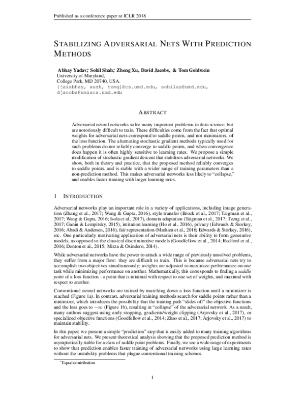 (PDF) Stabilizing Adversarial Nets With Prediction Methods