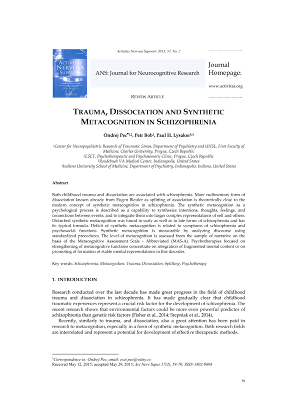 (PDF) Trauma, Dissociation and Synthetic Metacognition in Schizophrenia