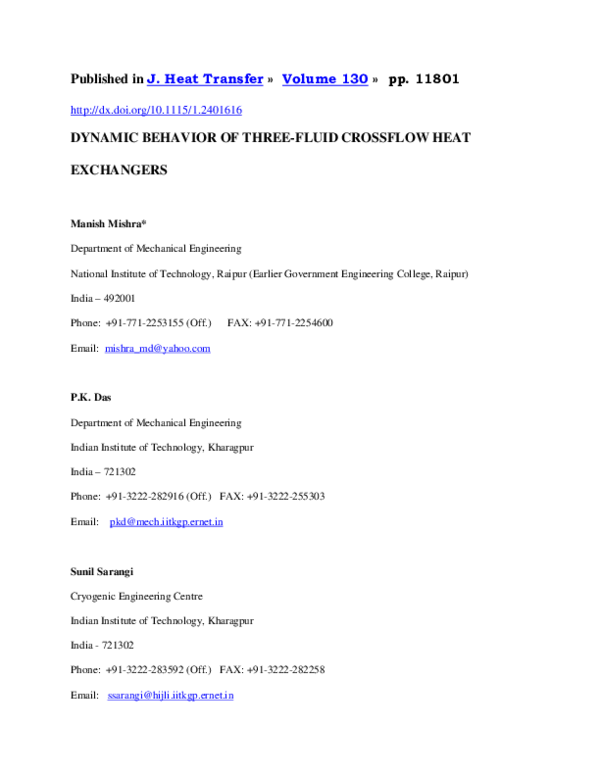 (PDF) Dynamic Behavior of Three-Fluid Crossflow Heat Exchangers