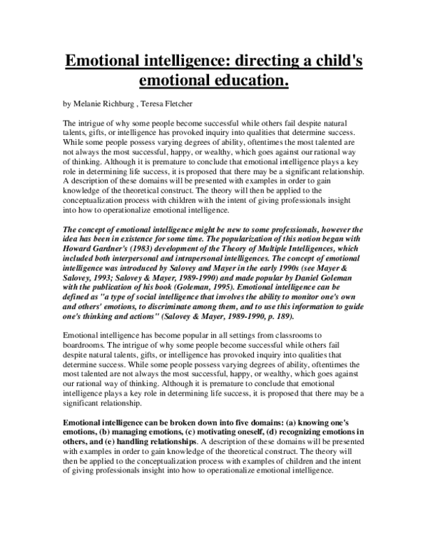 (PDF) Emotional intelligence: directing a child's emotional education