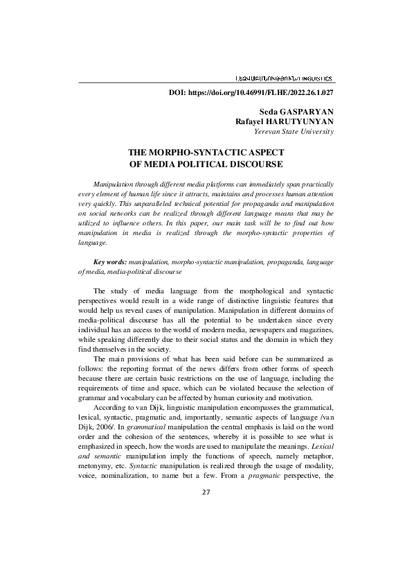 (PDF) The Morpho-Syntactic Aspect of Media Political Discourse