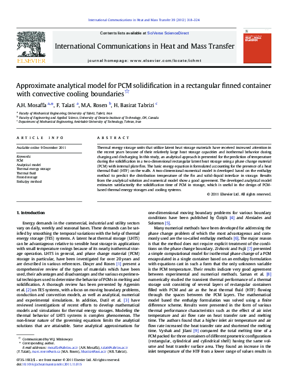 (PDF) Approximate analytical model for PCM solidification in a rectangular finned container with ...