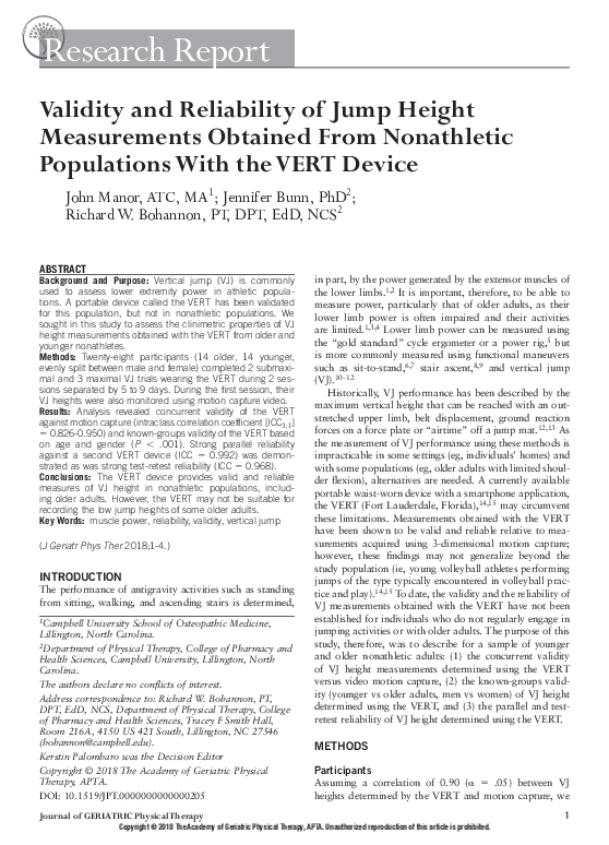 (PDF) Validity and Reliability of Jump Height Measurements Obtained From Nonathletic Populations ...