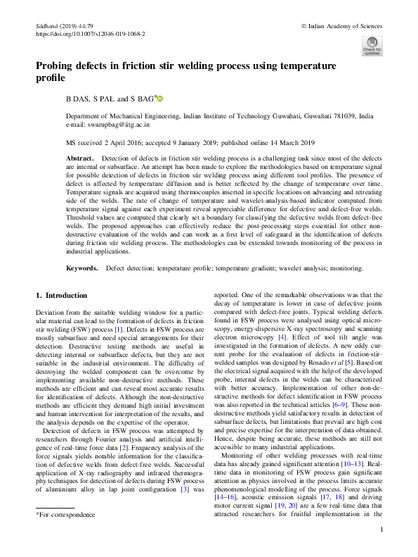 Pdf Probing Defects In Friction Stir Welding Process Using Temperature Profile
