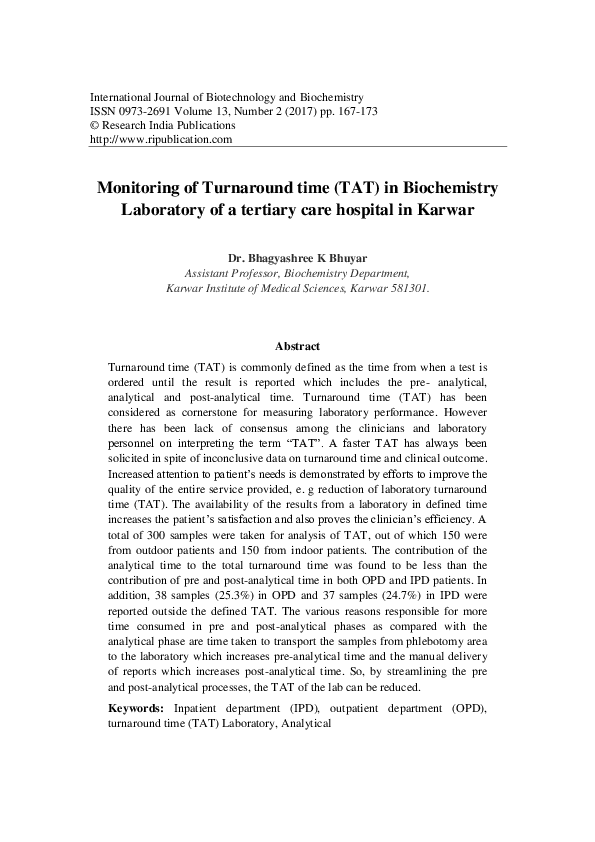 (PDF) Monitoring of Turnaround time ( TAT ) in Biochemistry Laboratory ...