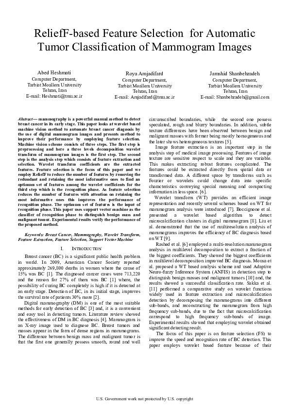 (PDF) ReliefF-Based Feature Selection for Automatic Tumor Classification of Mammogram Images
