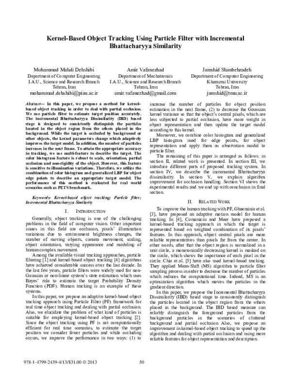 (PDF) Kernel-based object tracking using particle filter with incremental Bhattacharyya similarity