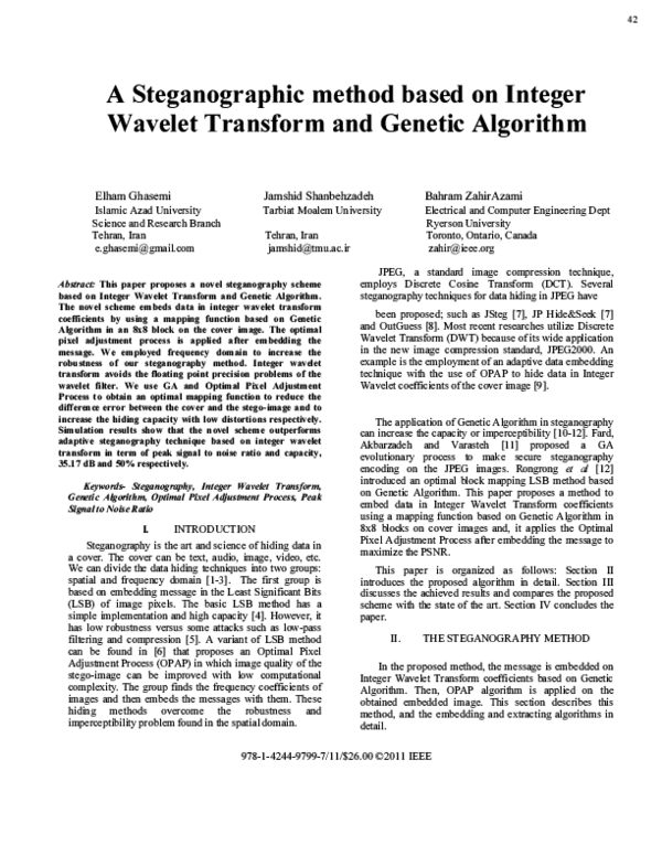 (PDF) A steganographic method based on Integer Wavelet Transform and Genetic Algorithm