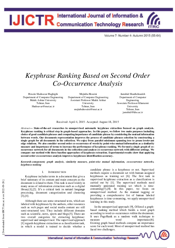 (PDF) Keyphrase Ranking Based on Second Order Co-Occurrence Analysis