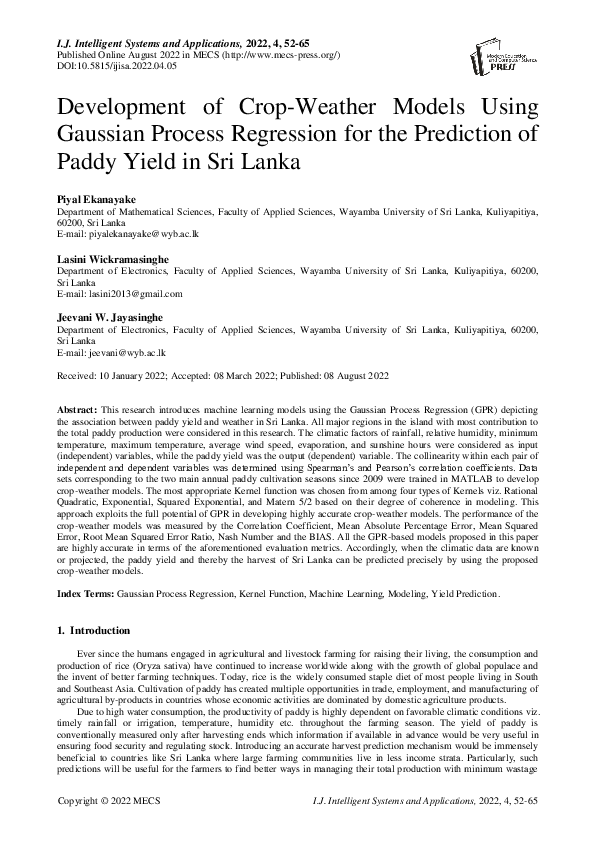 Pdf Development Of Crop Weather Models Using Gaussian Process Regression For The Prediction Of