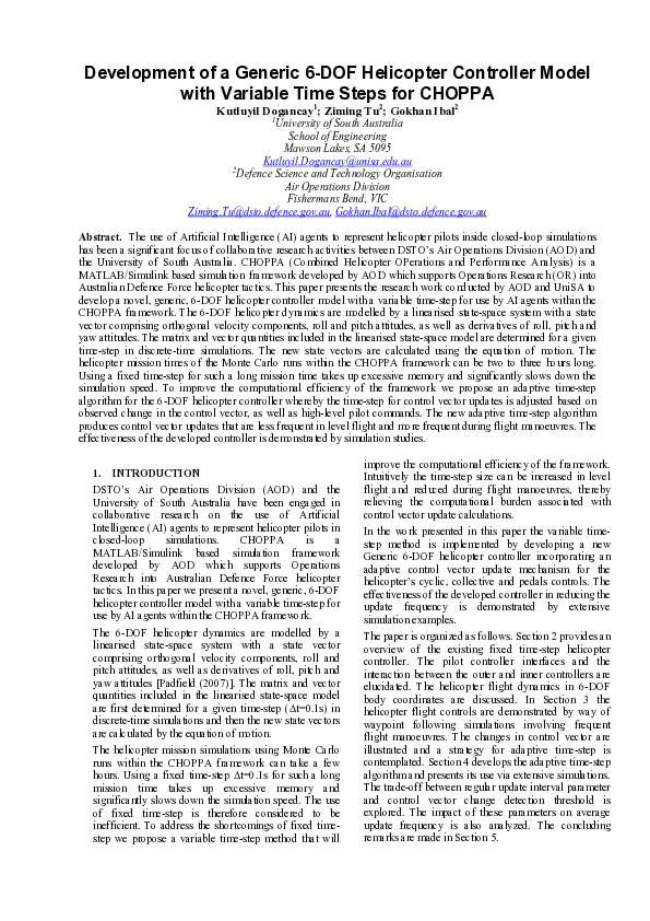Pdf Development Of A Generic 6 Dof Helicopter Controller Model With Variable Time Steps For Choppa