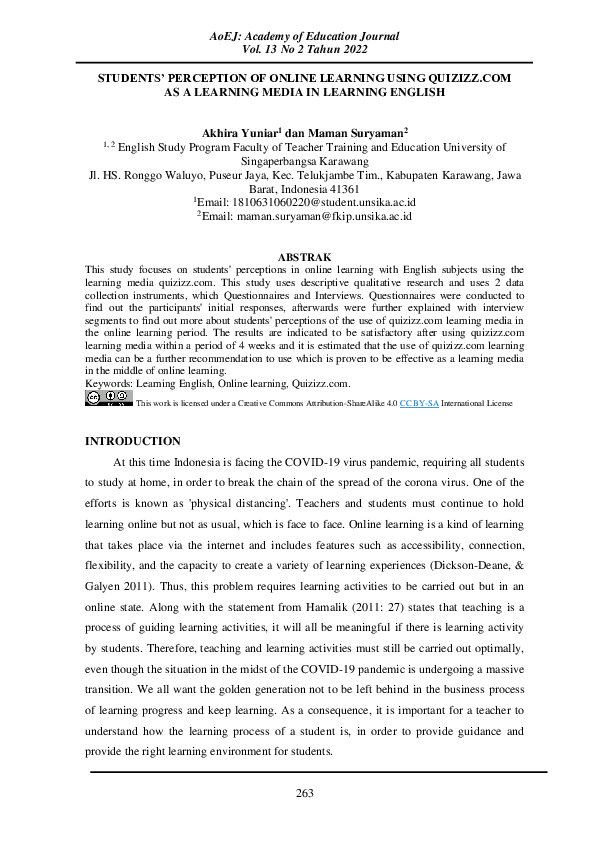 (PDF) Students’ Perception of Online Learning Using QUIZIZZ.COM as a Learning Media in Learning ...