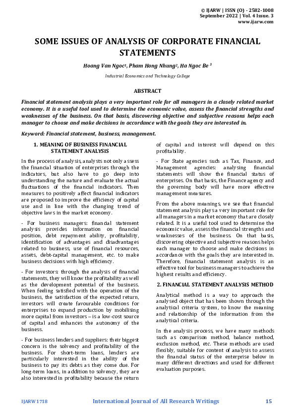 (PDF) SOME ISSUES OF ANALYSIS OF CORPORATE FINANCIAL STATEMENTS